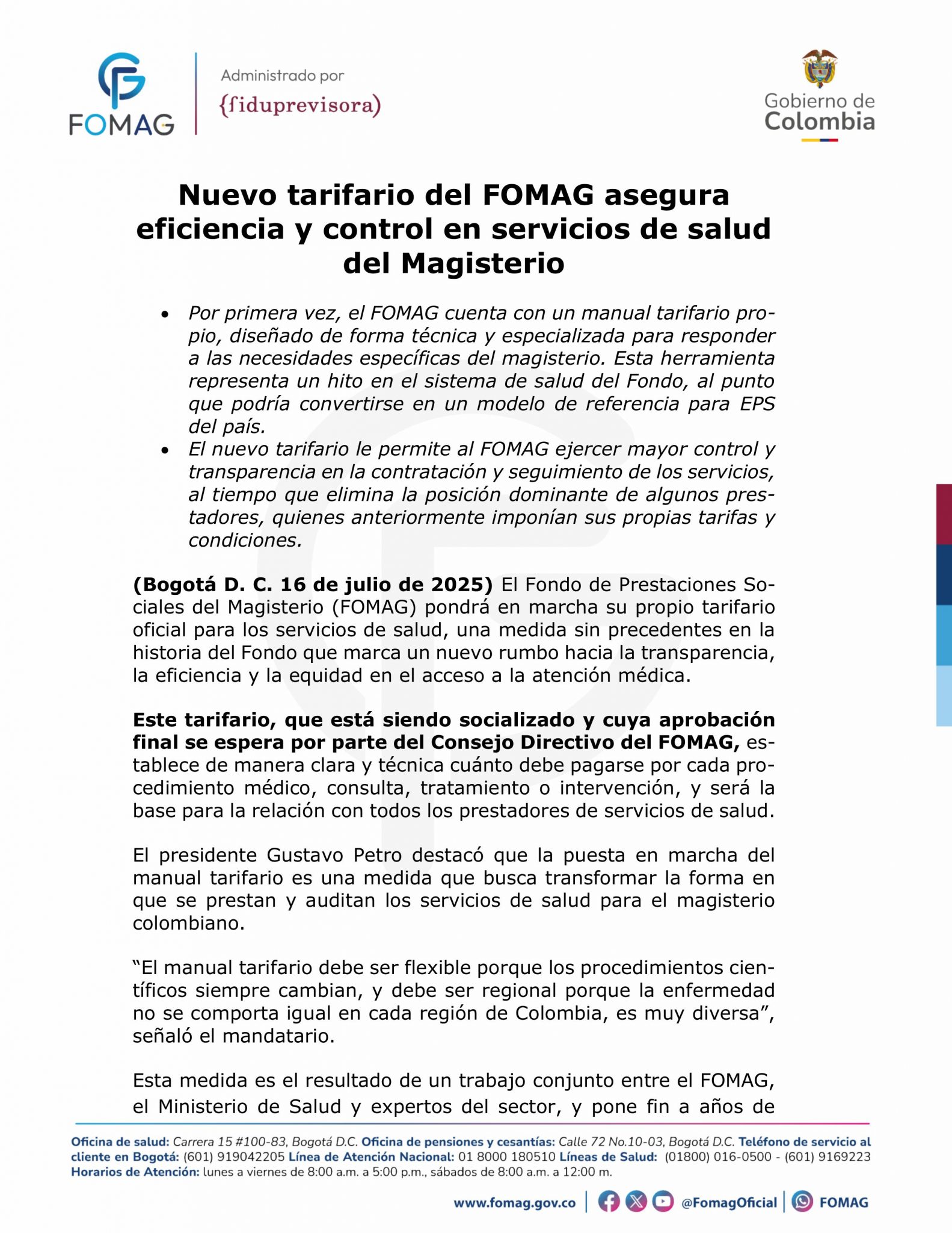 Nuevo tarifario del FOMAG asegura eficiencia y control en servicios de ...