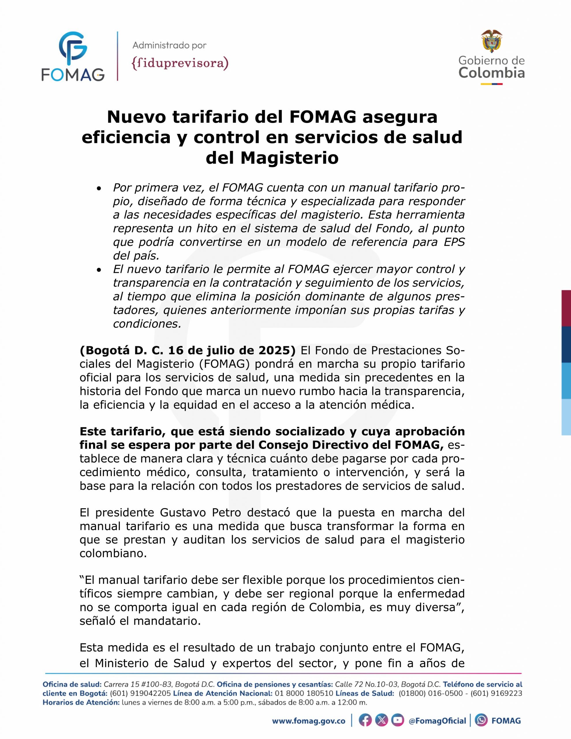 Nuevo tarifario del FOMAG asegura eficiencia y control en servicios de ...